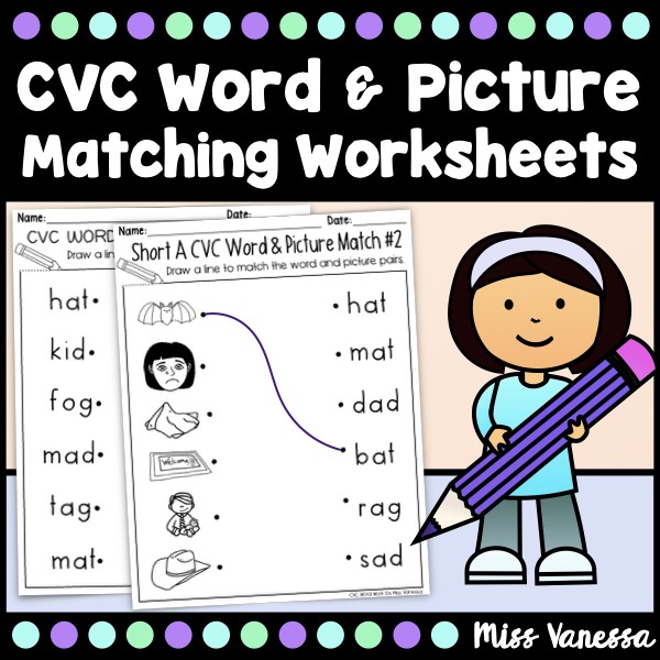 Short Vowel CVC Word and Picture Matching Worksheets (Instant Download ...